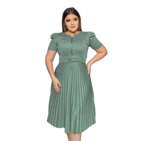 Vestido Feminino Midi Evangélico Plissado Godê Festa Rodado Botões