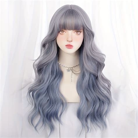 Butterfly Haircut Long Wavy Hair Wigs With Bangs Synthetic Fiber