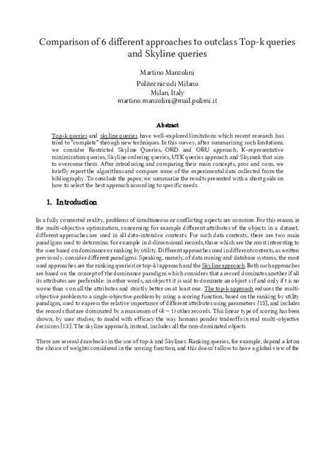 Pdf Comparison Of 6 Different Approaches To Outclass Top K Queries
