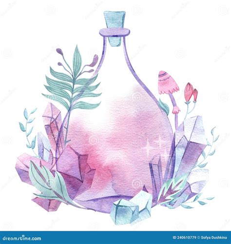 Watercolor Magic Bottle With Crystals And Floral Elements Glass