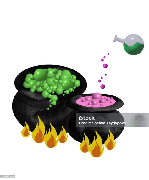 할로윈을 위한 3d 그림입니다 물약 불타는 불 녹색과 분홍색의 달인이 양조되고 냄비에 거품이 생긴 마녀의 가마솥 마법과 마법 엽서 또는 배너 디자인 0명에 대한 스톡 사진