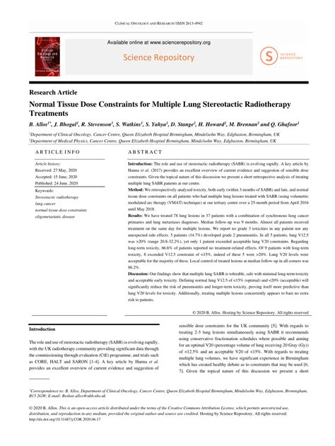 Pdf Normal Tissue Dose Constraints For Multiple Lung Stereotactic