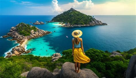 Premium Photo Beautiful Girl Standing On Viewpoint At Koh Nangyuan Island Near Koh Tao Island
