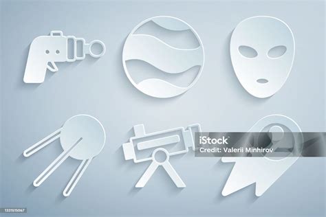 세트 망원경 외계인 위성 혜성은 빠르게 떨어지는 행성과 레이 총 아이콘 벡터 3차원 형태에 대한 스톡 벡터 아트 및 기타 이미지 3차원 형태 과학 궤도 Istock