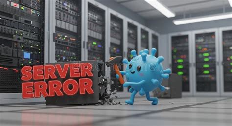 Server Error Virus Attack A Cute Virus Cartoon Character Smashes A Server Error Box With A