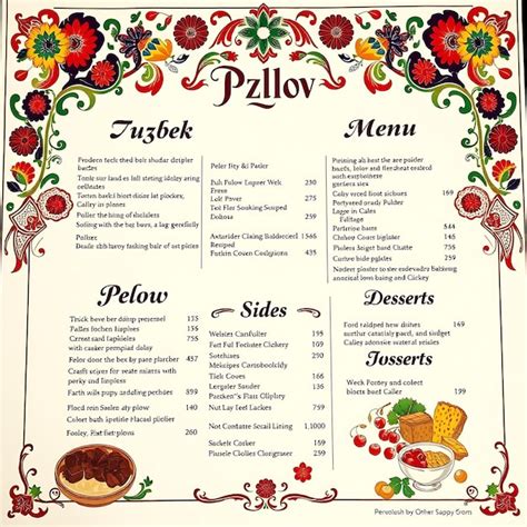 Меню Uzbek Plov с красочными узорами вышивки Suzani и идеей