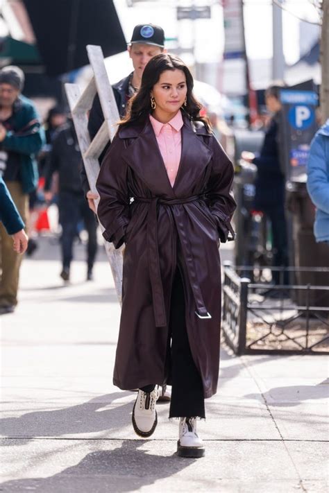Selena Gomez Wears Chic Oversized Plum Coat On 'Only Murders In the Building' Set