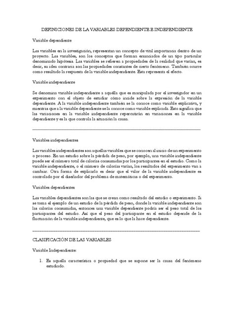 Definiciones De La Variable Dependiente E Independiente Pdf Pdf Variables Dependientes E