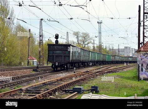 Heavy Industry Heavy Freight Railway Loading Metal Wagons Pass Along
