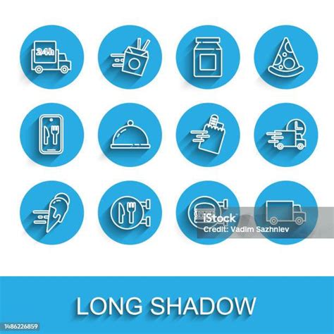 세트 라인 온라인 주문 아이스크림 카페 및 레스토랑 위치 자동차로 빠른 배송 햄버거 음식 트레이 및 아이콘으로 덮여 있습니다 벡터 가리기에 대한 스톡 벡터 아트 및 기타