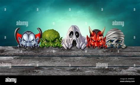 Group Of Monsters And Monster Banner With Mummy Ghost And Vampire