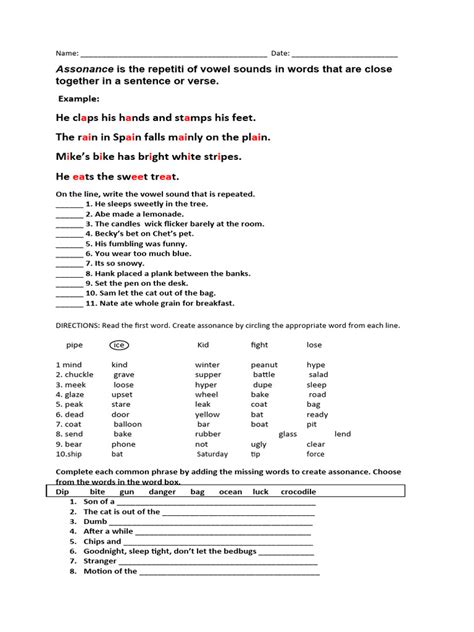 Assonance Worksheet Pdf