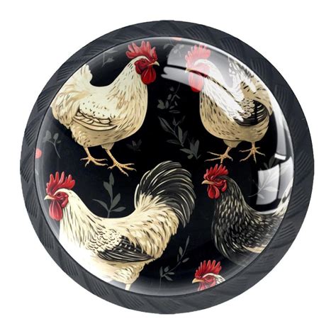 4 Pack Black Drawer Knobs Roosters Hens Chickens Cabinet Knobs Round Glass Knobs For Kitchen