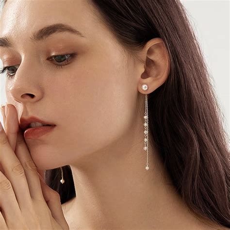 Pearl Dual Drop Chain Earrings Classy Women Collection