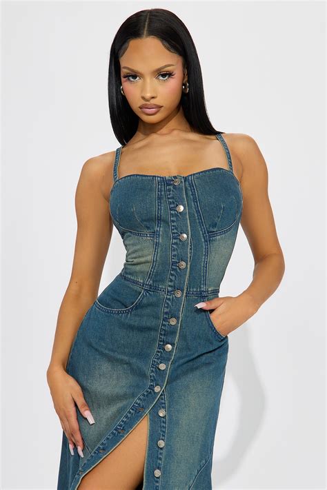 Allie Denim Maxi Dress Medium Wash Fashion Nova