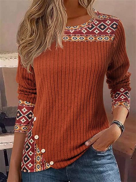 Ethnic Print Crew Neck Long Sleeve Casual T Shirt Curvedream