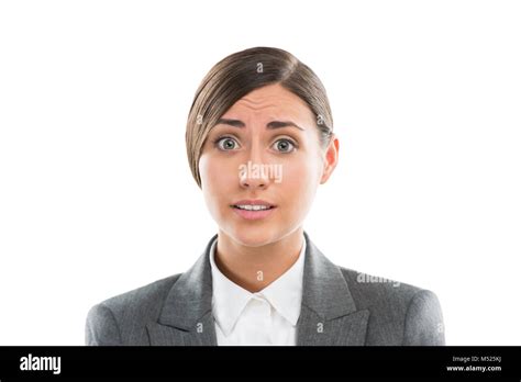 Portrait Of Shocked And Confused Business Woman On White Background