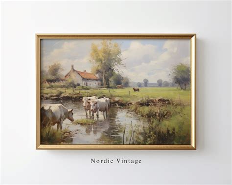 Vintage Farm Landscape Painting Cows Wall Art Farm Country Wall Art