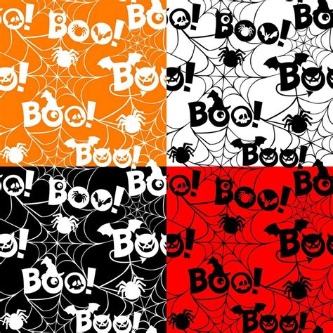 Set Seamless Pattern With Text Boo Spider Web Eyes Scull Flat