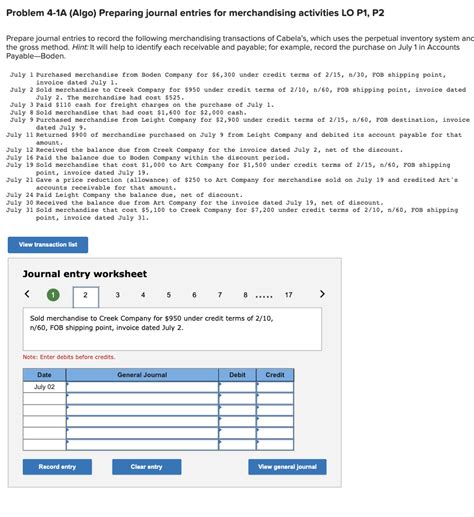 Solved Problem A Algo Preparing Journal Entries For Chegg