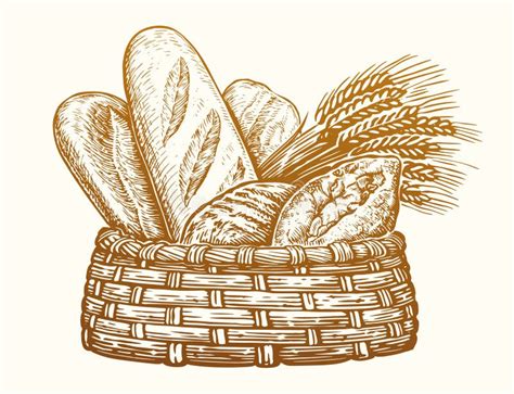 Bakery Products In Wicker Basket Fresh Baked Goods Sketch Vintage