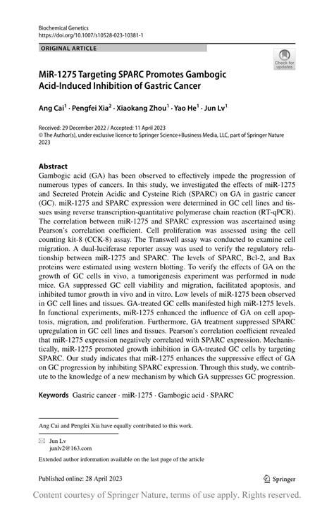 Mir 1275 Targeting Sparc Promotes Gambogic Acid Induced Inhibition Of