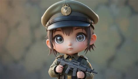 Adorable Anime Girl Soldier 3d Render Chibi Officer With Submachine