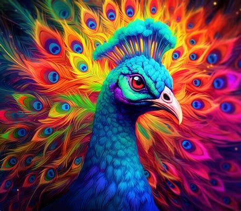 Pavo real de colores brillantes con plumas extendidas en una habitación