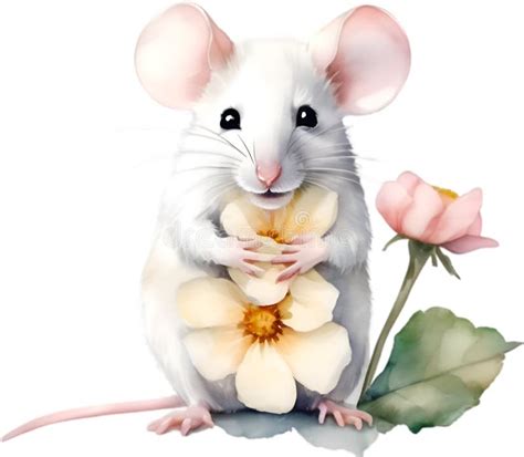 Cute Watercolor Mouse With Flowers Ai Generated Stock Illustration