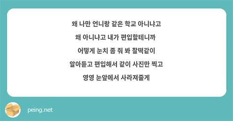 왜 나만 언니랑 같은 학교 아니냐고 왜 아니냐고 내가 편입할테니까 어떻게 눈치 좀 줘 봐 찰떡같이 Peing 질문함