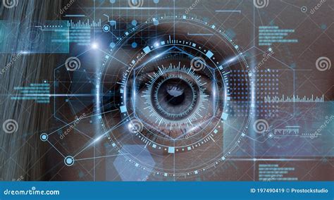 Iris Scanning System Collage With Female Eye Retina In Process Of Scan