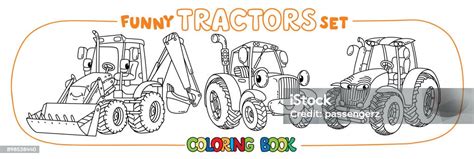 Funny Small Tractor Set With Eyes Coloring Book Stock Illustration