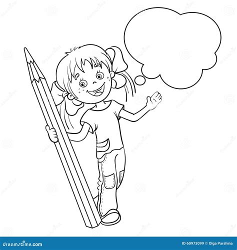 Coloring Page Outline Of A Cartoon Girl With Pencil Stock Vector