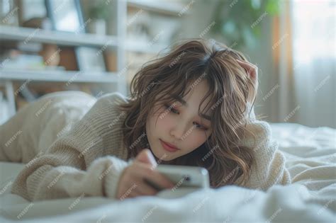 Premium Photo Japanese Woman Lying Face Down On Bed Shoulderlength
