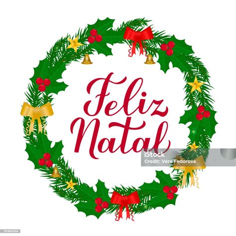 Tangan Kaligrafi Feliz Natal Berbunyi Dengan Karangan Bunga Dahan Pohon