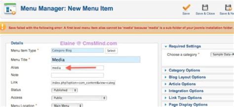 joomla 2 5 first level menu item alias cannot be media because