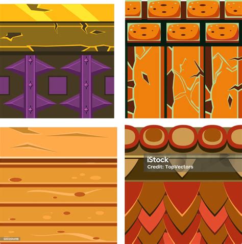 Textures For Platformers Icons Vector Set With Wood And Bricks Stock