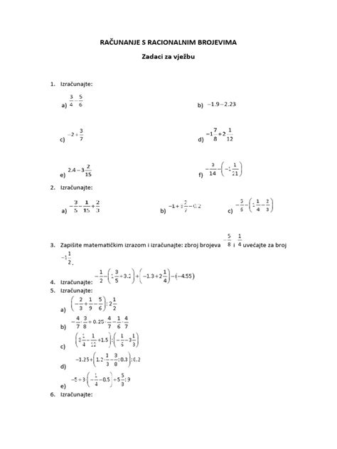Računanje S Racionalnim Brojevima Zadaci Za Vježbu Pdf