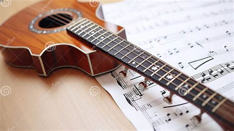 Musical Notes And Guitar Neck On White Wooden Background Ai Generative