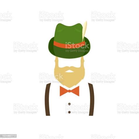 녹색 전통적인 독일 모자 수염 난된 남자가 있다입니다 Hipster 아이콘입니다 벡터 그림을 흰색 배경에 고립입니다 바바리아에