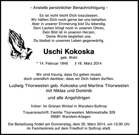 Traueranzeigen Von Uschi Kokoska Trauer In NRW De