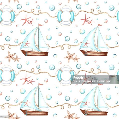 구명 부표 불가사리 및 거품이 있는 범선 돛이 있는 요트의 수채화 완벽 한 패턴입니다 해양 배경에 대 한 손으로 그린 그림 바다 배 여행 인쇄 Scketch 스타일의 항해