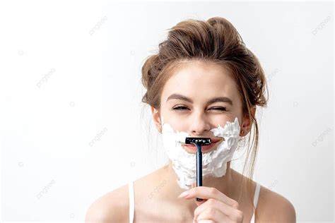 Woman Shaving Her Face By Razor Depilation Caucasian Ethnicity Hairy Photo Background And