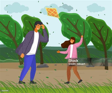 공원에서 연을 가지고 노는 아버지와 딸 강한 바람과 함께 날씨에 걷는 사람들 가공의 인물에 대한 스톡 벡터 아트 및 기타 이미지