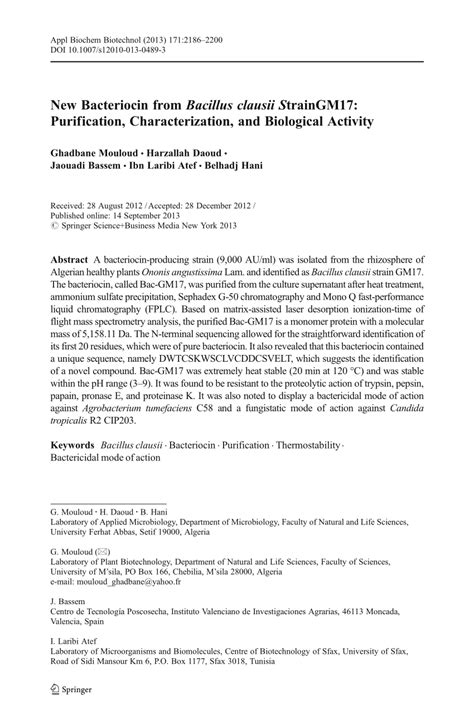 Pdf New Bacteriocin From Bacillus Clausii Straingm17 Purification