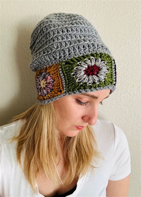 The Madison Gray Crochet Hat Flower Accent Hat Slouchy Beanie Womens Beanie Unique Hat