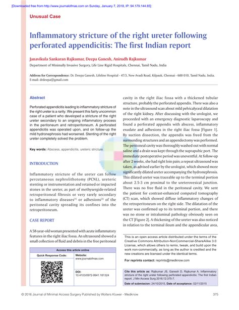 Pdf Inflammatory Stricture Of The Right Ureter Following Perforated