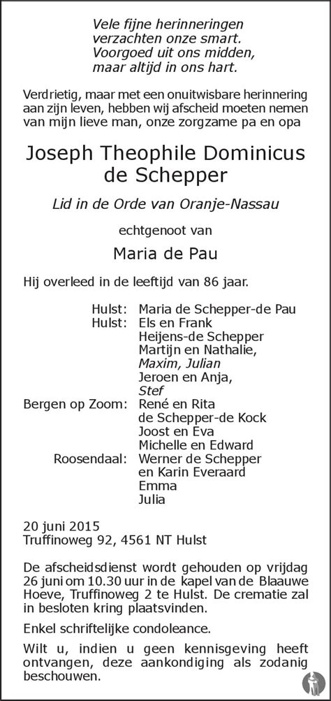 Joseph Theophile Dominicus De Schepper 20 06 2015 Overlijdensbericht En Condoleances Mensenlinq Nl