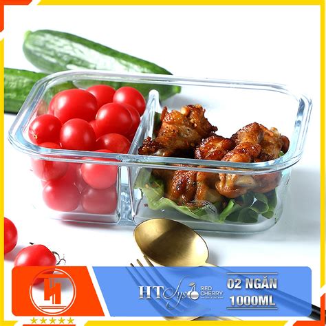 Hộp đựng Cơm Thủy Tinh Chia Ngăn Ht Sys Red Cherry Chất Liệu Thủy