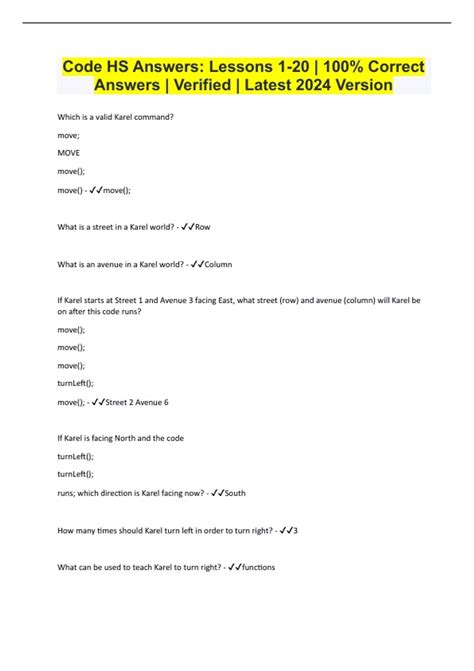 Code Hs Answers Lessons 1 20 100 Correct Answers Verified Latest 2024 Version Code Hs